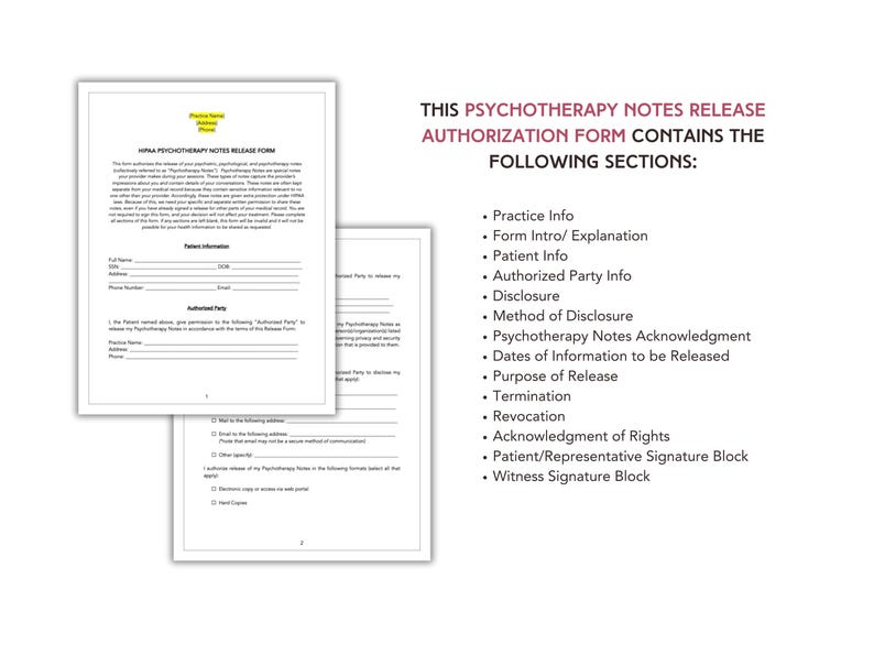 Mental Health Records Release Form HIPAA Medical Records Authorization ...