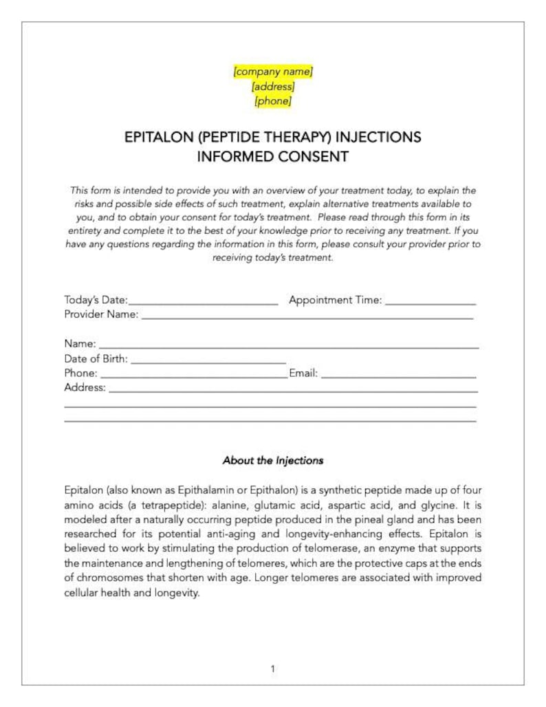 Epitalon Consent Form Peptide Therapy Informed Consent Template Epitalon Injection Intake Forms ...