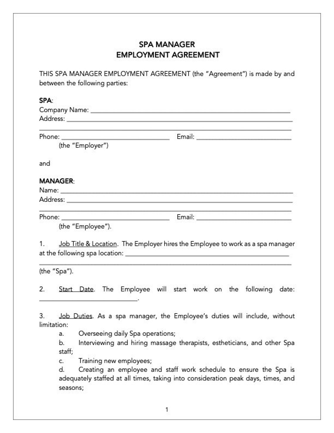 Spa Manager Contract Spa Management Agreement Spa Hiring Forms Spa W2 ...