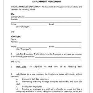 Spa Manager Contract Spa Management Agreement Spa Hiring Forms Spa W2 ...