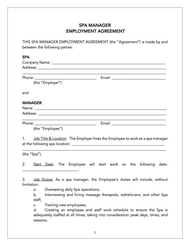 Spa Manager Contract Spa Management Agreement Spa Hiring Forms Spa W2 ...