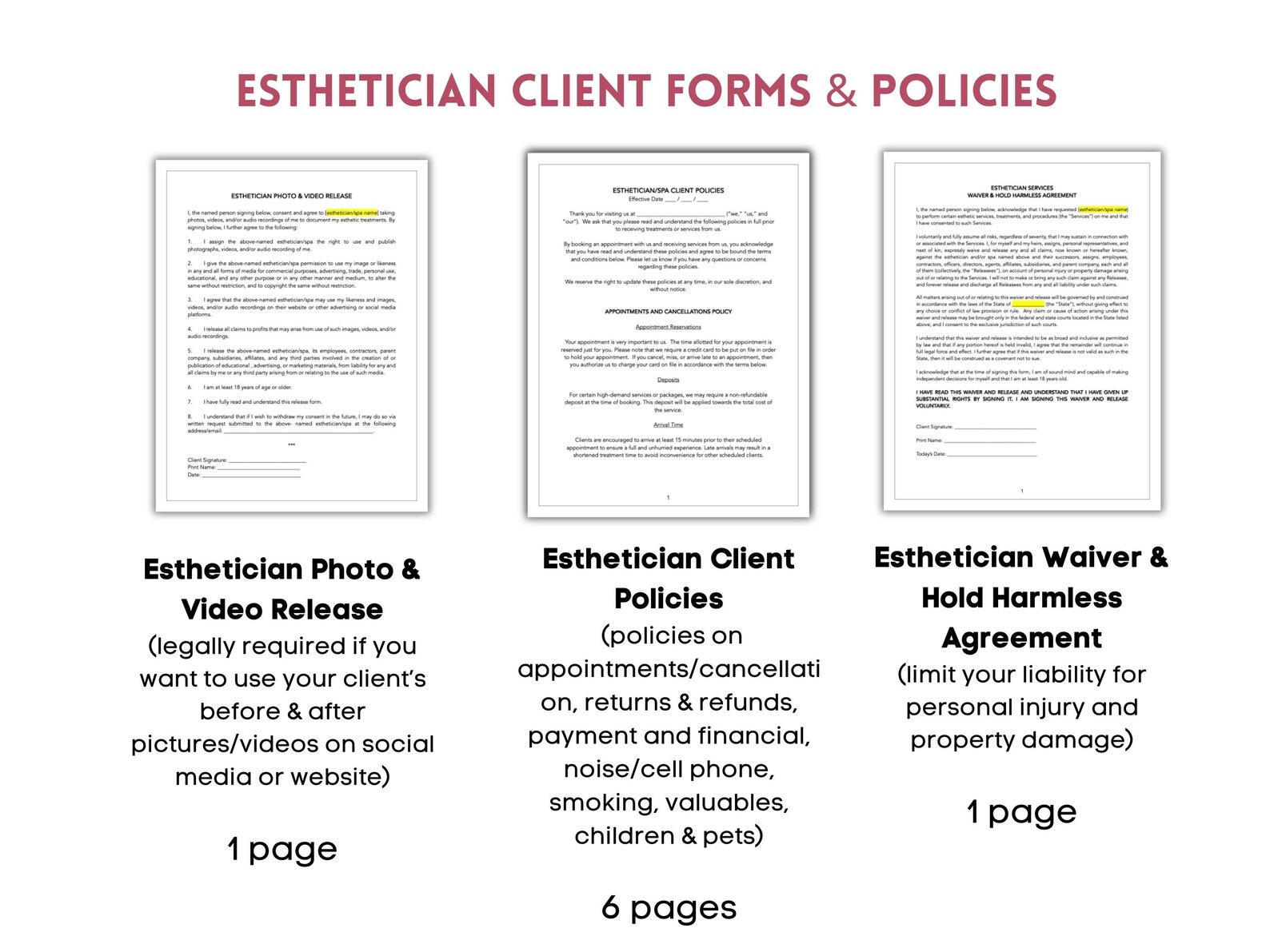 Esthetician Business Forms Bundle, Esthetician Templates, Spa Website ...