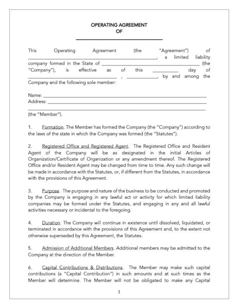 Single Member LLC Operating Agreement Contract Template, Printable and ...