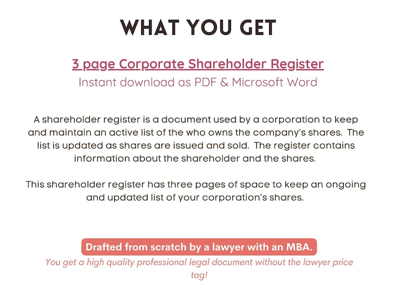 Corporate Shareholder Register, List of Shareholders Corporation ...
