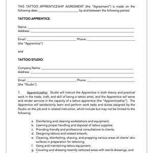 Tattoo Apprentice Contract, Tattoo Artist Apprenticeship Agreement ...