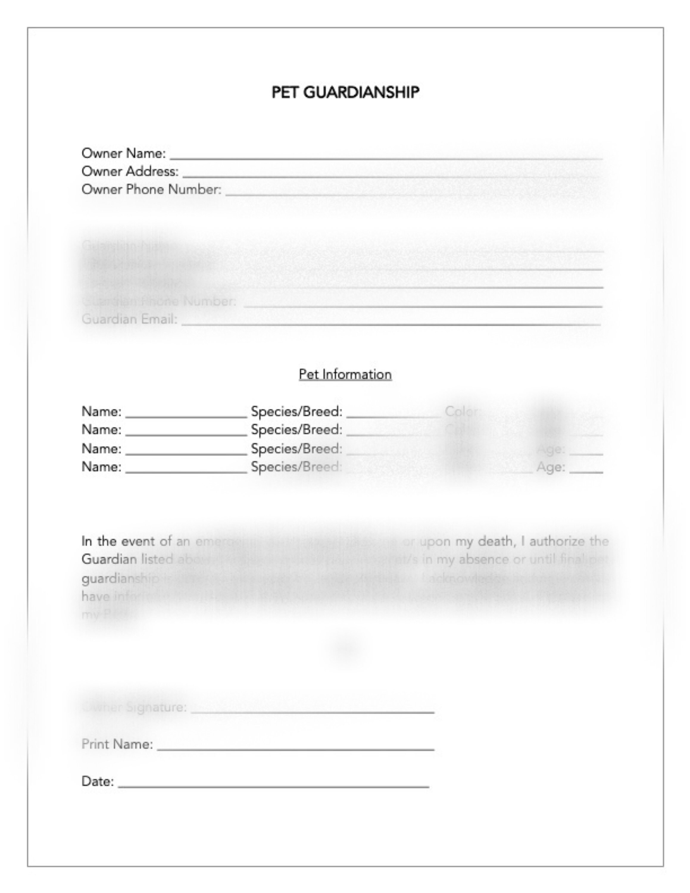 Pet Sitter Forms Guardianship Form for Pets Pet Sitting Legal Templates ...