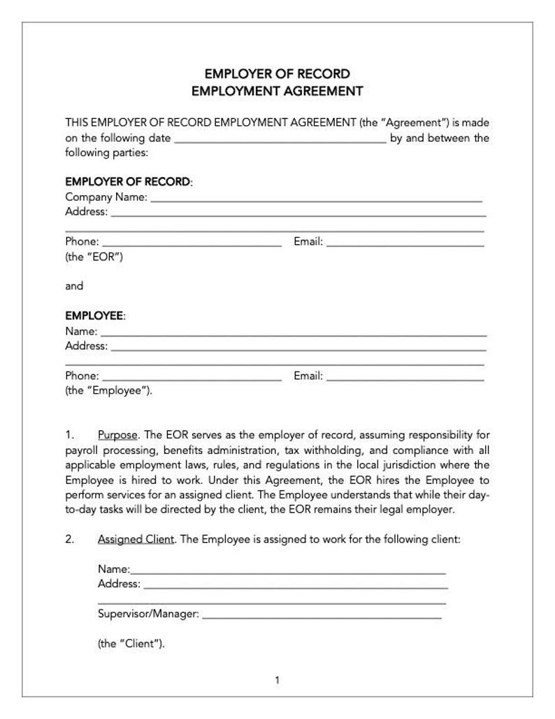 EOR Employment Agreement Employer of Record Employee Hiring Contract ...