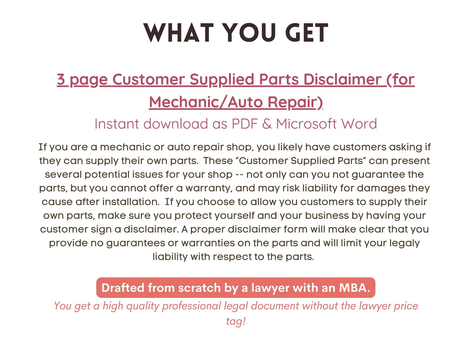 Customer Supplied Parts Disclaimer Template, Mechanic Waiver Form, Auto ...