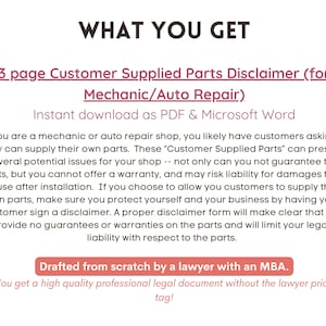 Customer Supplied Parts Disclaimer Template, Mechanic Waiver Form, Auto ...