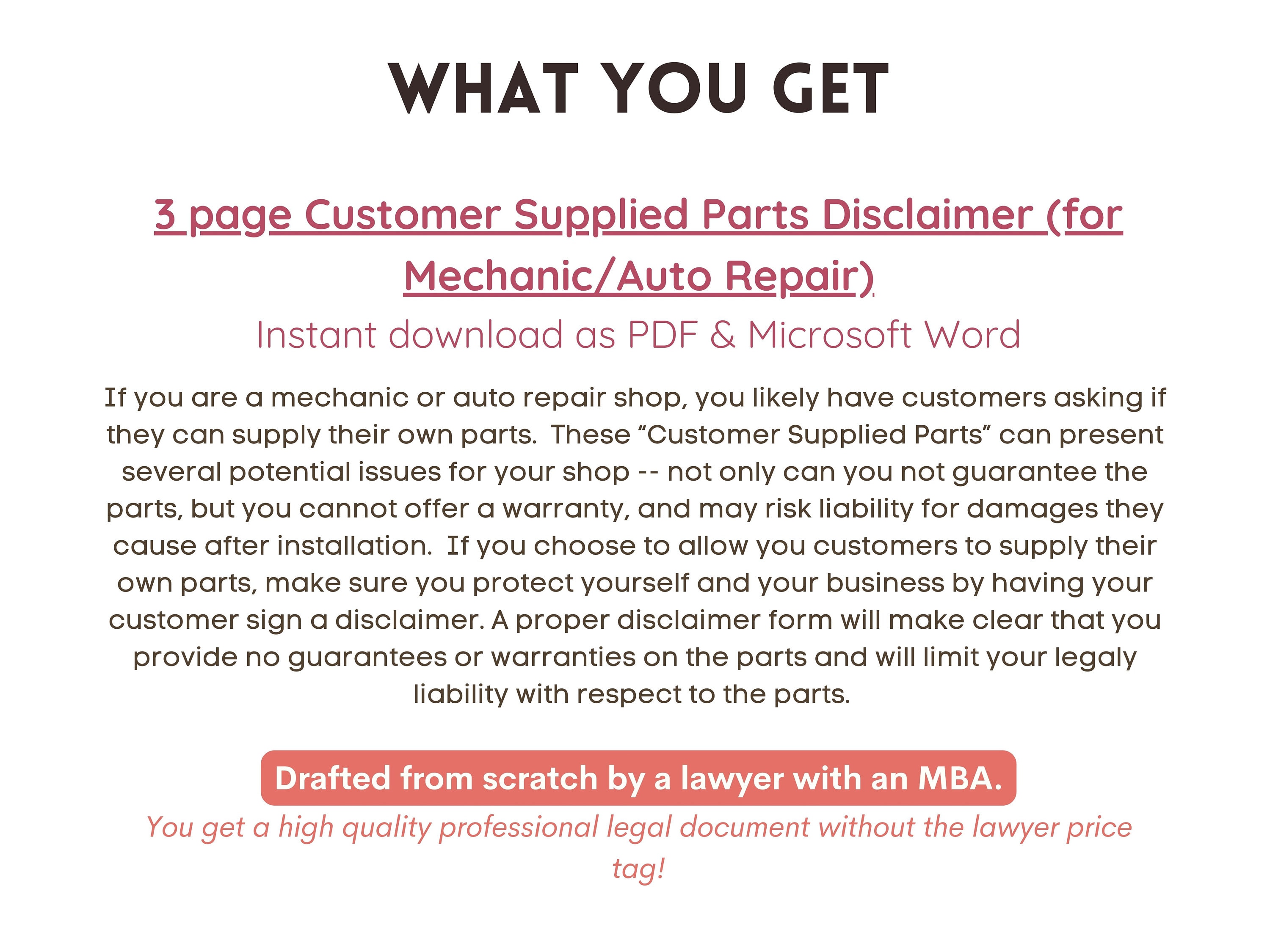 Customer Supplied Parts Disclaimer Template, Mechanic Waiver Form, Auto ...