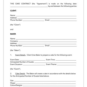 Cake Contract Template Cake Baking Agreement Wedding Cake Contract Cake ...