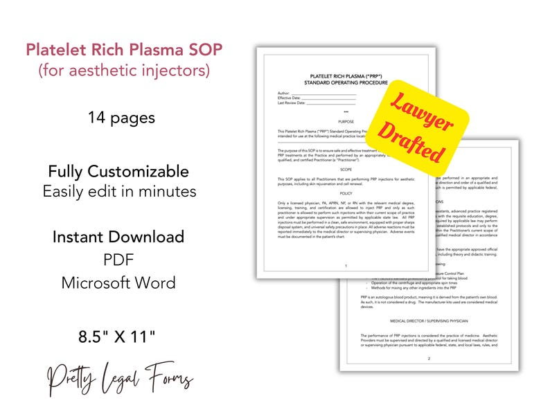 PRP Injections SOP Platelet Rich Plasma Standard Operating Procedure for Aesthetic Injectors Med ...