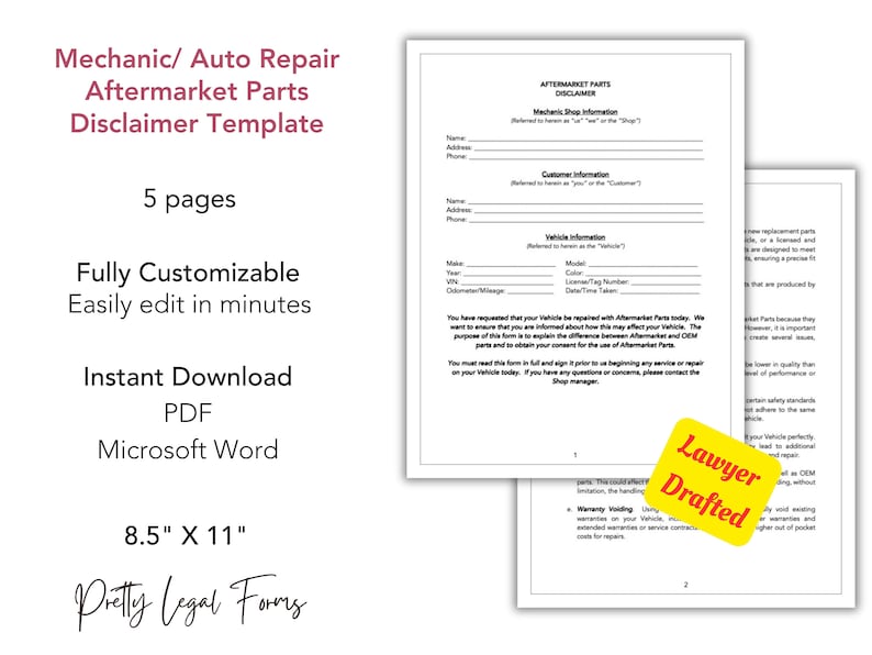 Aftermarket Parts Disclaimer Template, Mechanic Parts Disclaimer Form ...