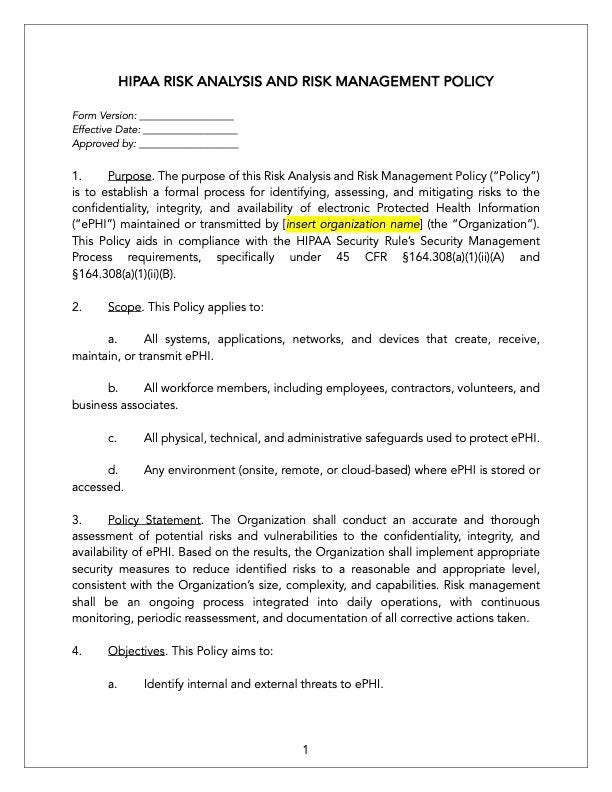HIPAA Risk Analysis and Risk Acknowledgment Policy and Plan Template ...