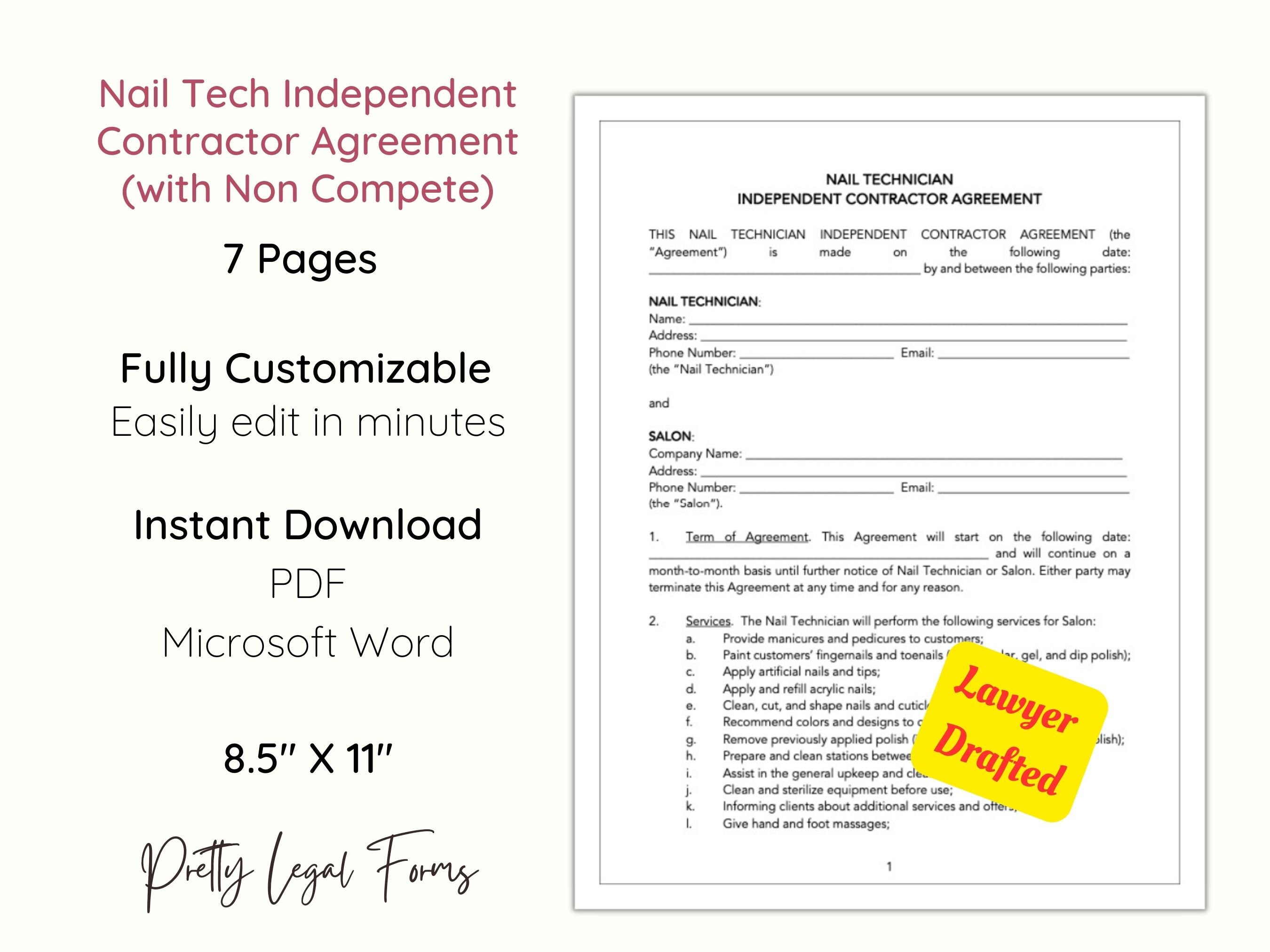 Nail Tech Independent Contractor Agreement With Non Compete and Non ...