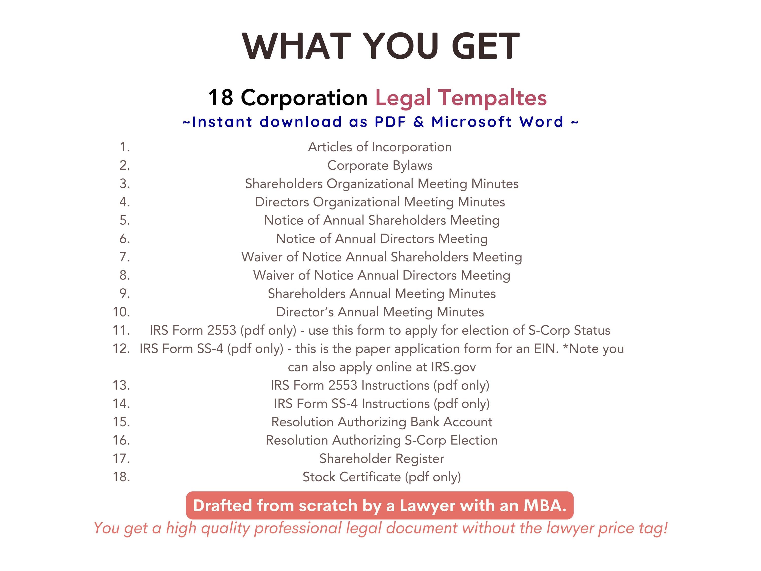 S-corp Kit S-corporation Legal Template Bundle S-corp Forms Scorp ...