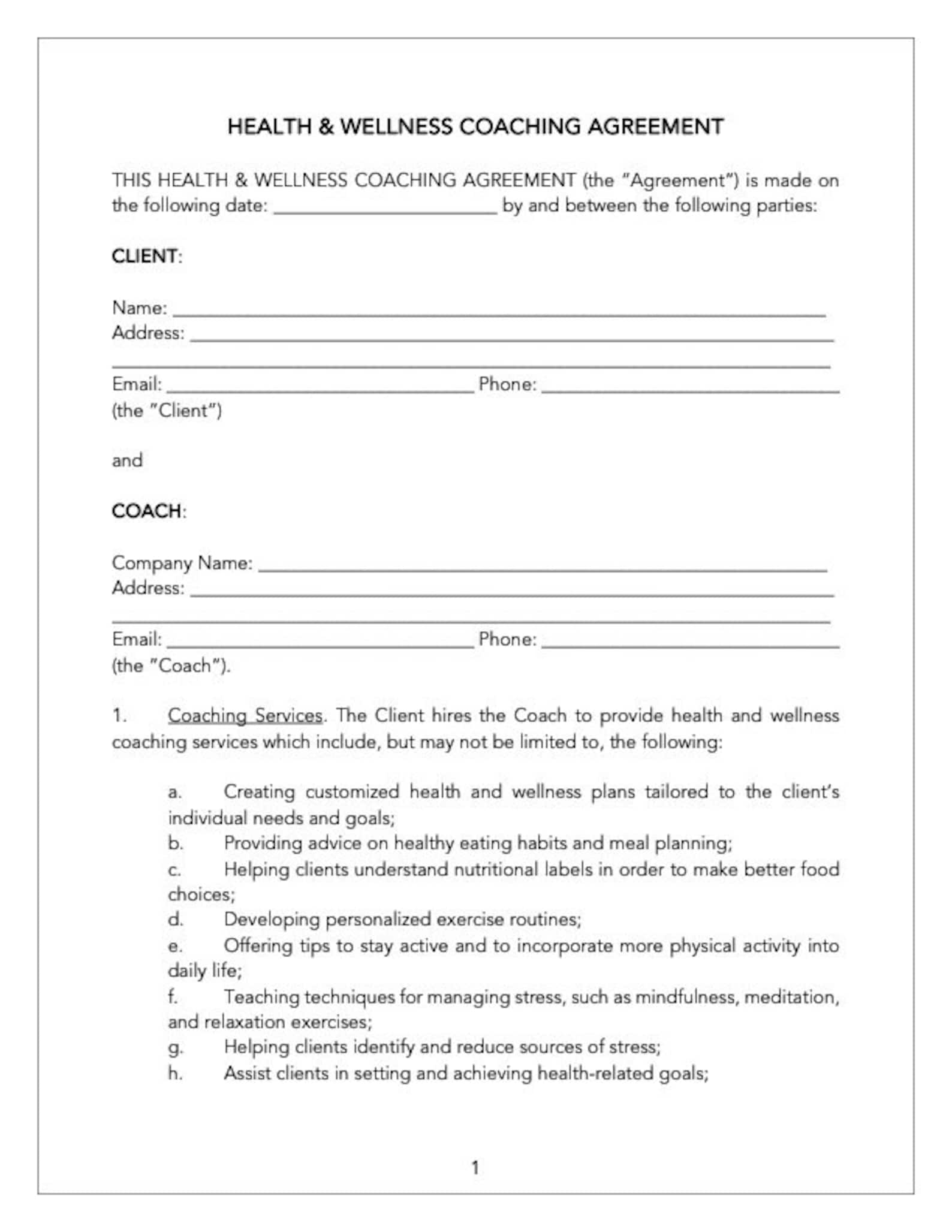 Health and Wellness Coach Contract Template, Life Coach Agreement ...