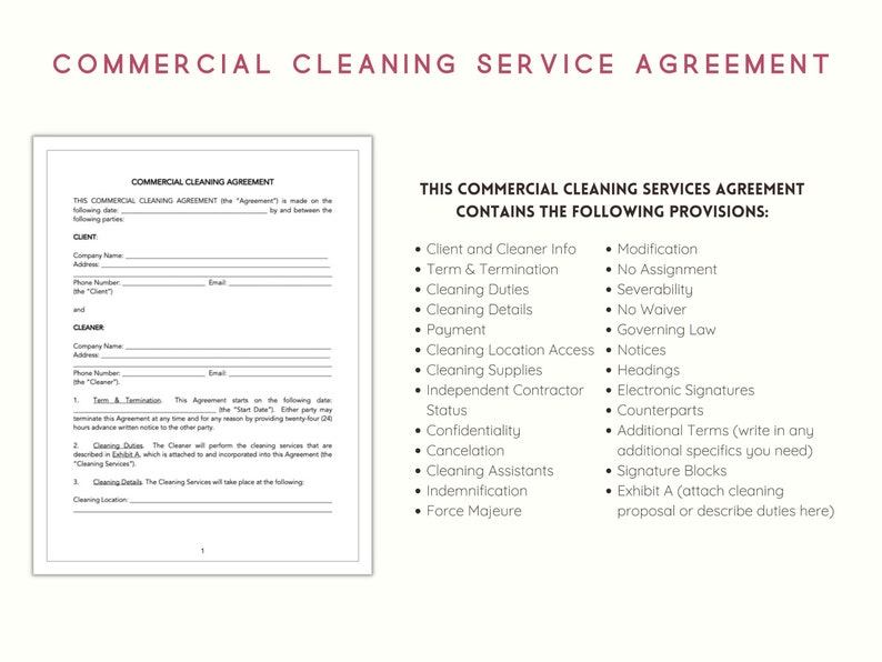 Commercial Cleaning Legal Bundle, Cleaning Service Agreement Cleaning ...