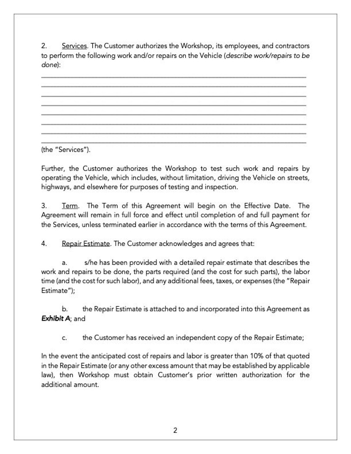 Auto Repair Contract, Mechanic Work Agreement, Car Maintenance Service ...