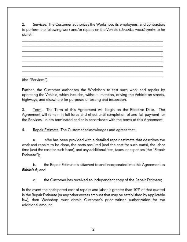 Auto Repair Contract, Mechanic Work Agreement, Car Maintenance Service ...