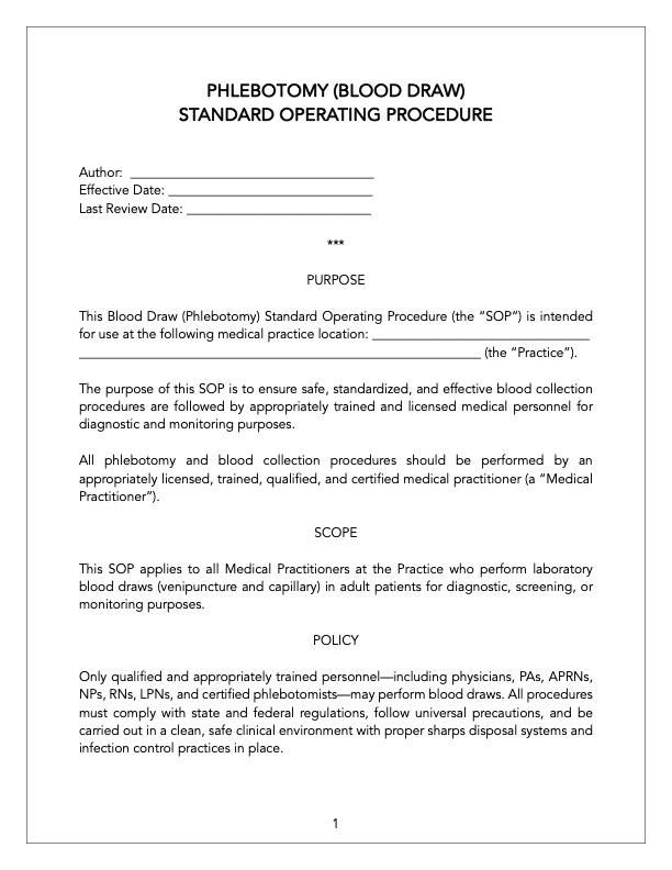 Phlebotomy SOP Protocol Template for Blood Draw and Lab Work Policy and ...