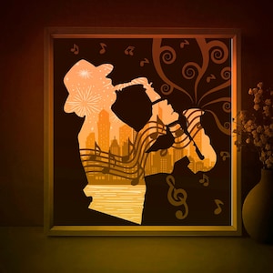 Jazz New York Shadow Box SVG Template, Saxaphone Papercut Lightbox ...