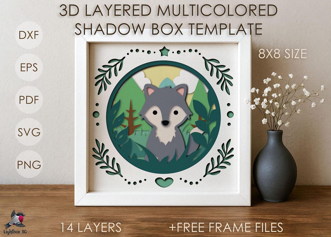 Forest Baby Wolf Shadow Box SVG Template, Colored Papercut Tree Shadow ...