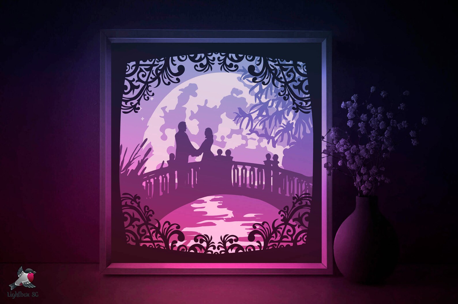 Full Moon Shadow Box SVG Template, Romantic Love Pair Papercut Lightbox ...