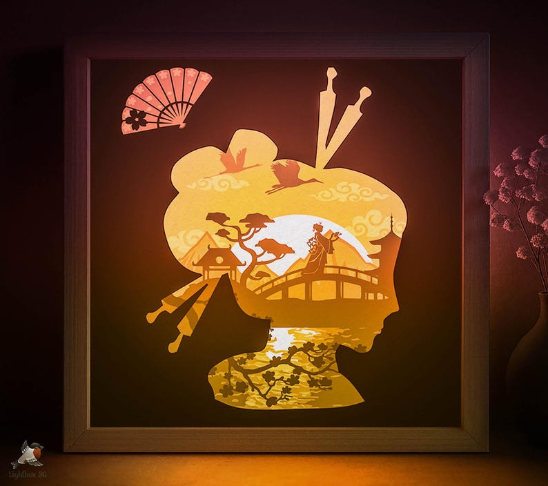 Japon Scape Shadow box modèle SVG, Geisha japonaise Papercut Lightbox ...