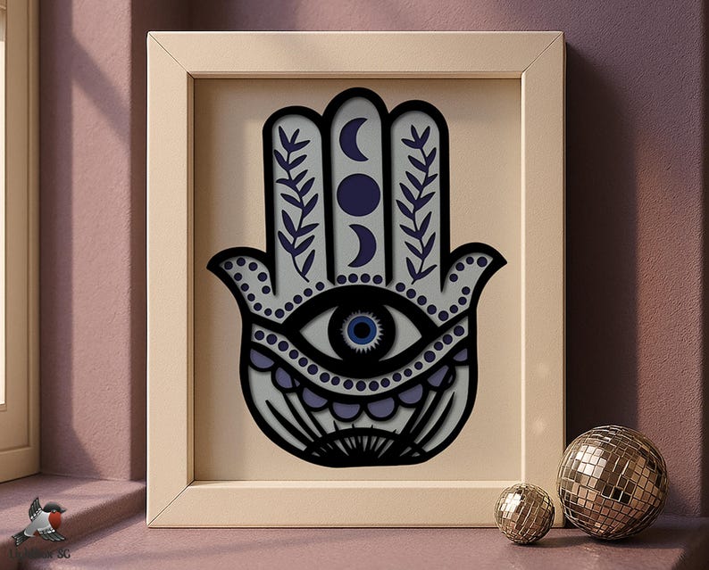 3D Hamsa Hand Shadow Box SVG Template, Colored Evil Eye Pattern ...