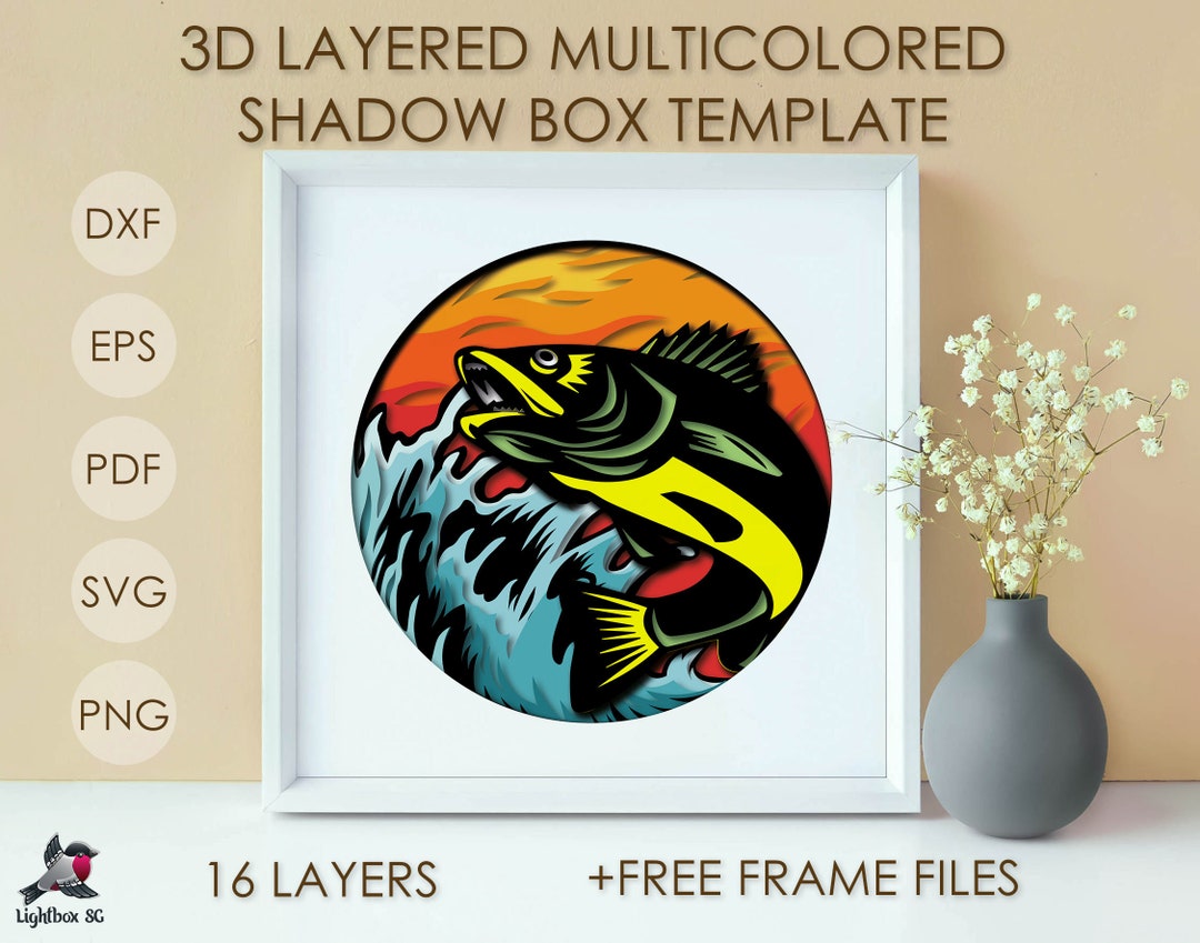 Sea Fish Shadow Box SVG Template, Fishing Colored Papercut Shadow Box ...