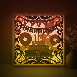 Happy Birthday Shadow Box SVG Template, Party Cake Silhouette Papercut ...