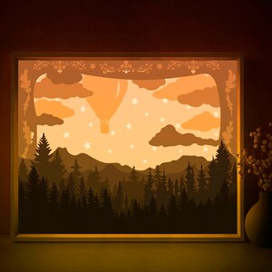 Forest Ballon Shadow Box SVG Template, Mountain Landscape Papercut ...