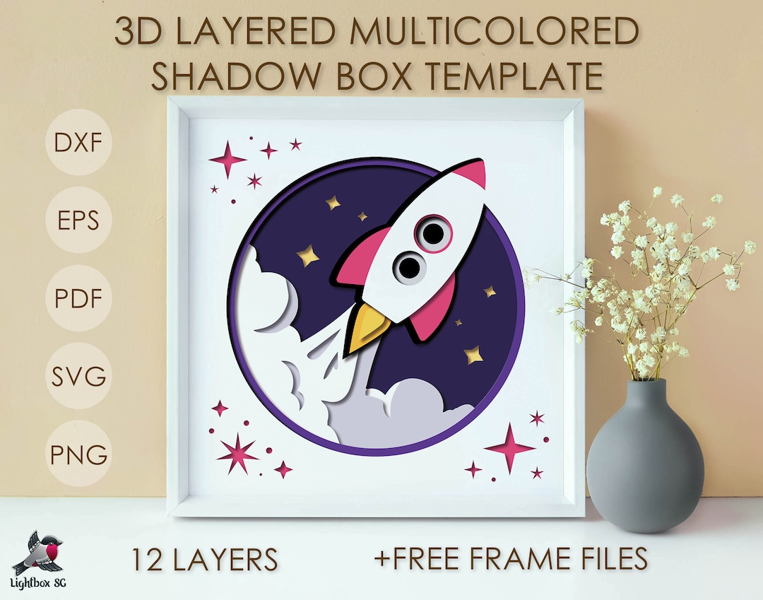 3D Space Rocket Shadow Box SVG Template, Colored Spaceship Pattern ...