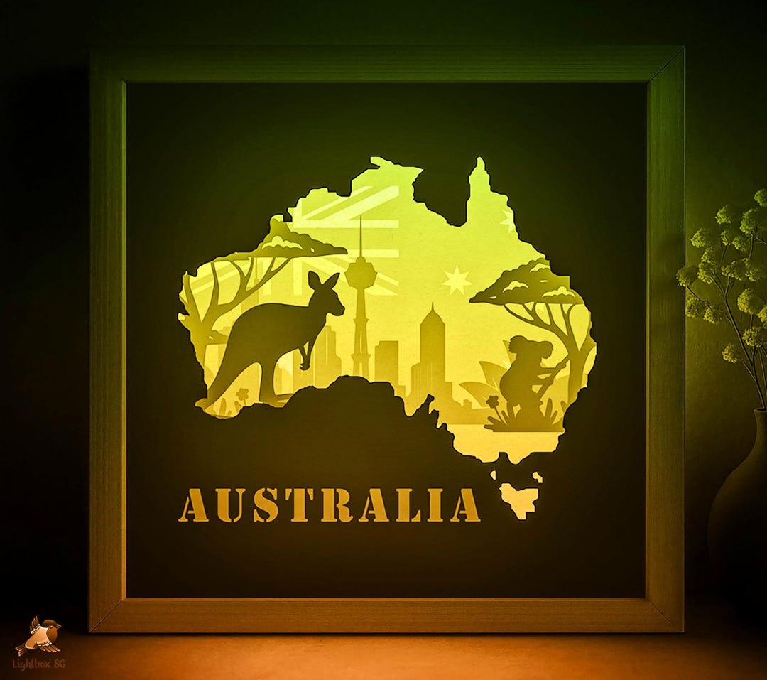 Australia Map Scape Shadow Box SVG Template, Kangaroo Papercut Lightbox ...