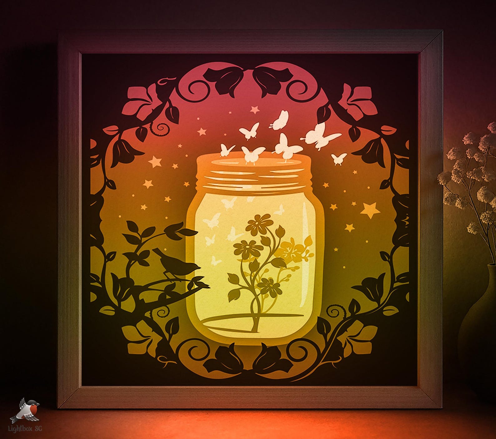 Flower Jar Shadow Box SVG Template, Fairytale Butterflies Papercut ...