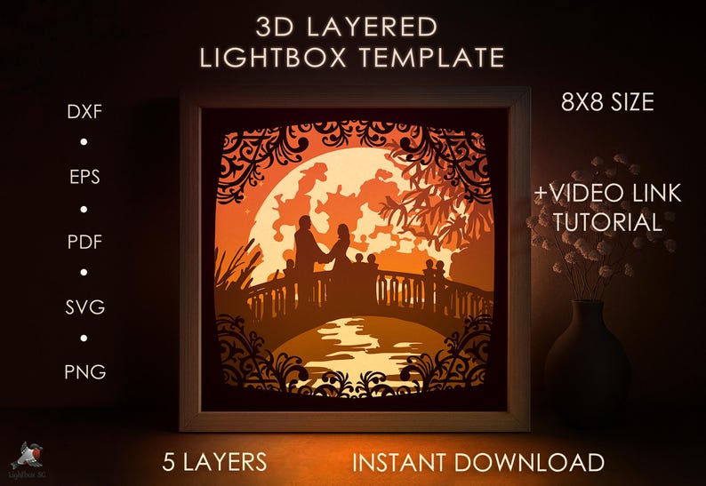 Full Moon Shadow Box SVG Template, Romantic Love Pair Papercut Lightbox ...