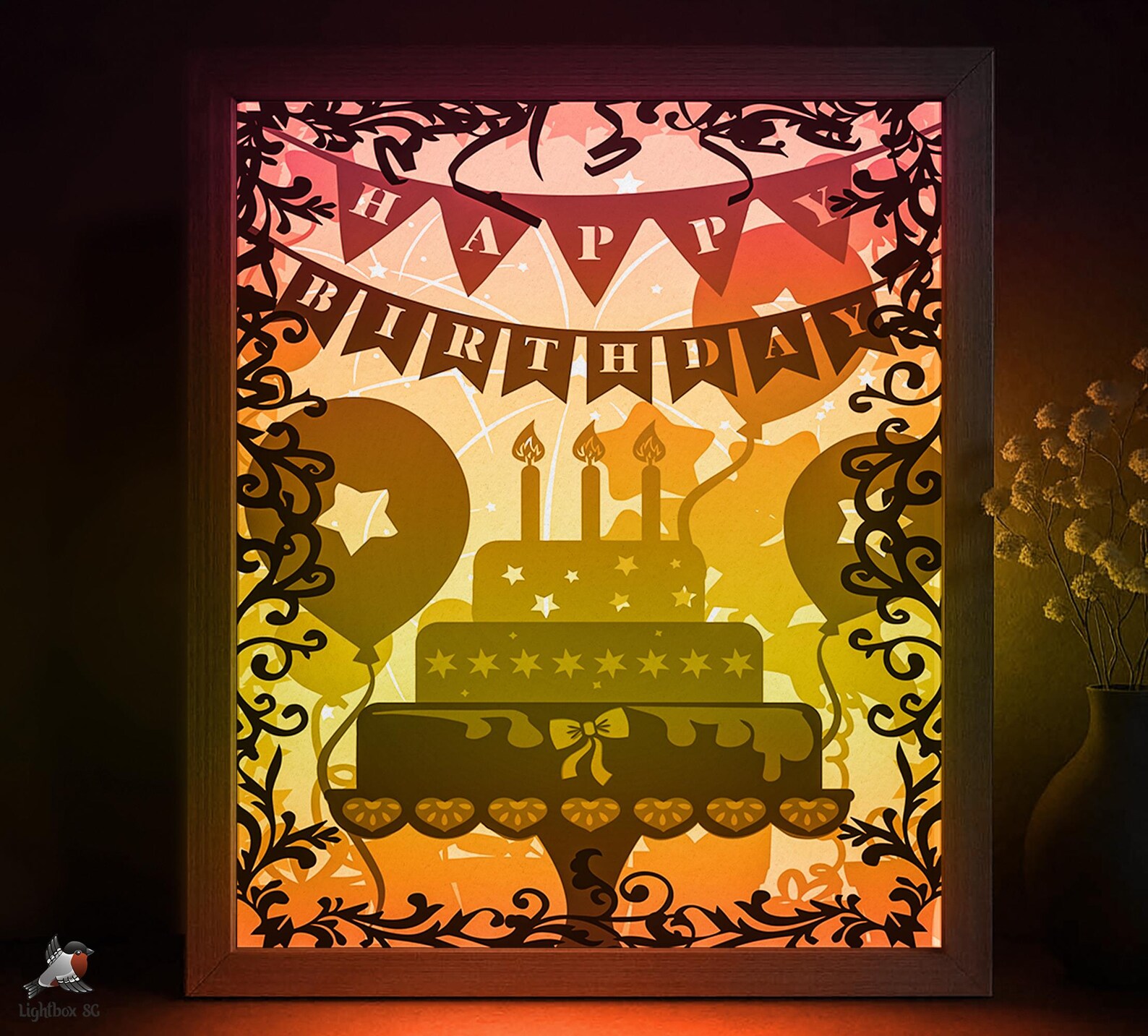 Happy Birthday Shadow Box SVG Template, Party Cake Silhouette Papercut ...