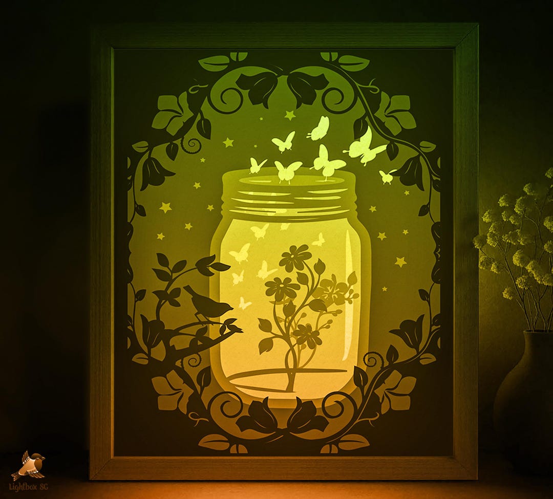 Flower Jar Shadow Box SVG Template, Fairytale Butterflies Papercut ...