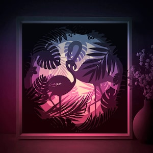 Tropical Flamingo Shadow Box SVG Template, Palm Leaves Papercut ...