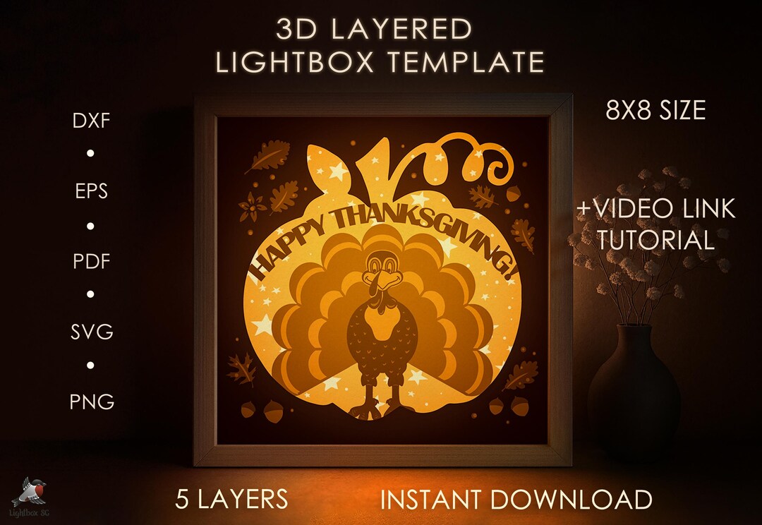 Happy Thanksgiving Shadow Box SVG Template, Turkey Bird Papercut ...