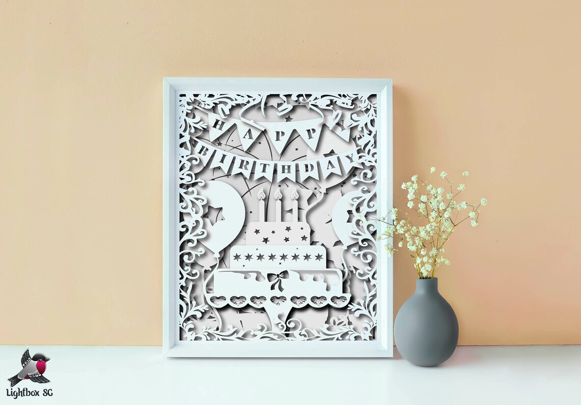 Happy Birthday Shadow Box SVG Template Party Cake Silhouette - Etsy