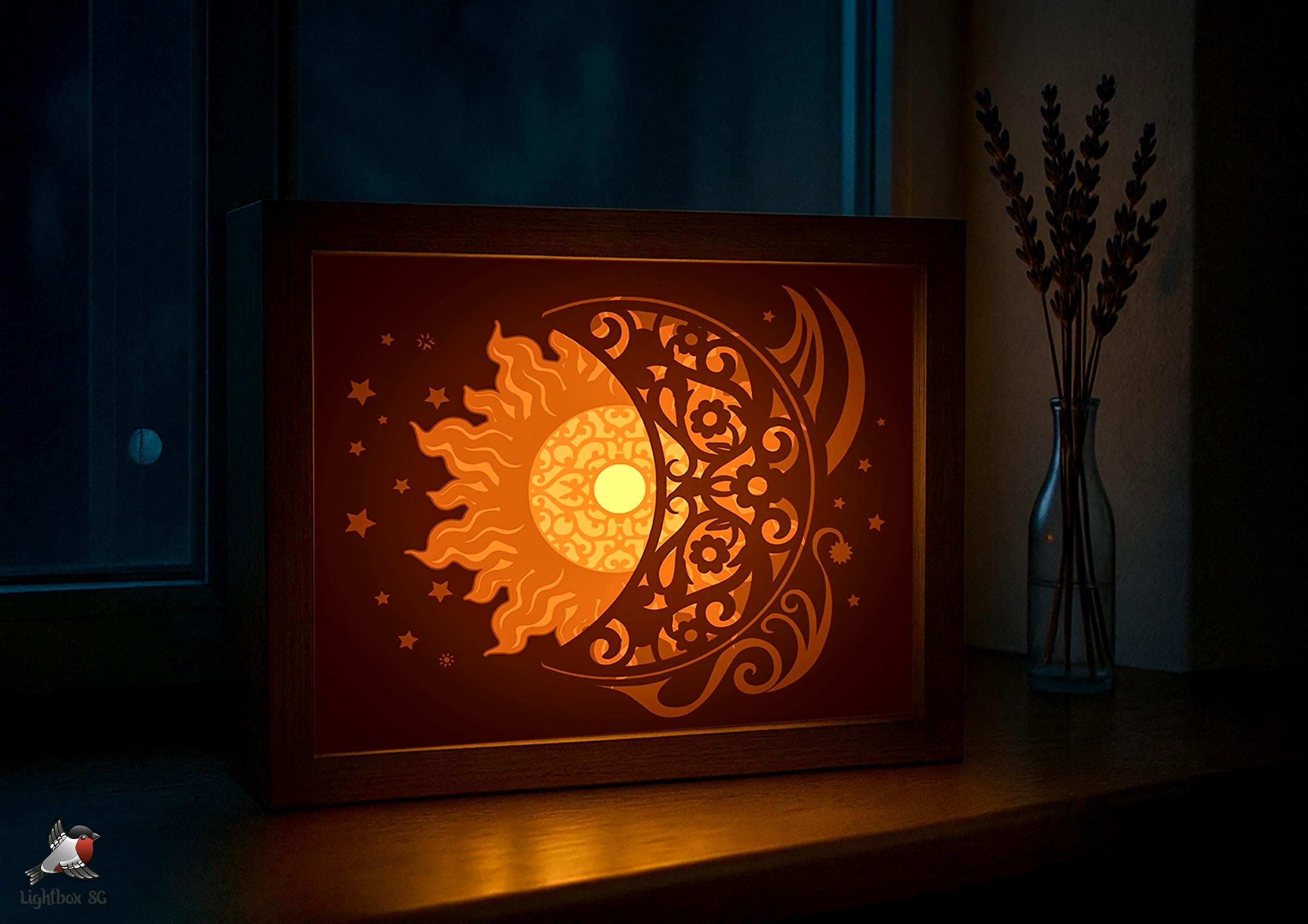 Moon and Sun Shadow Box SVG Template, Stars Pattern Papercut Lightbox ...