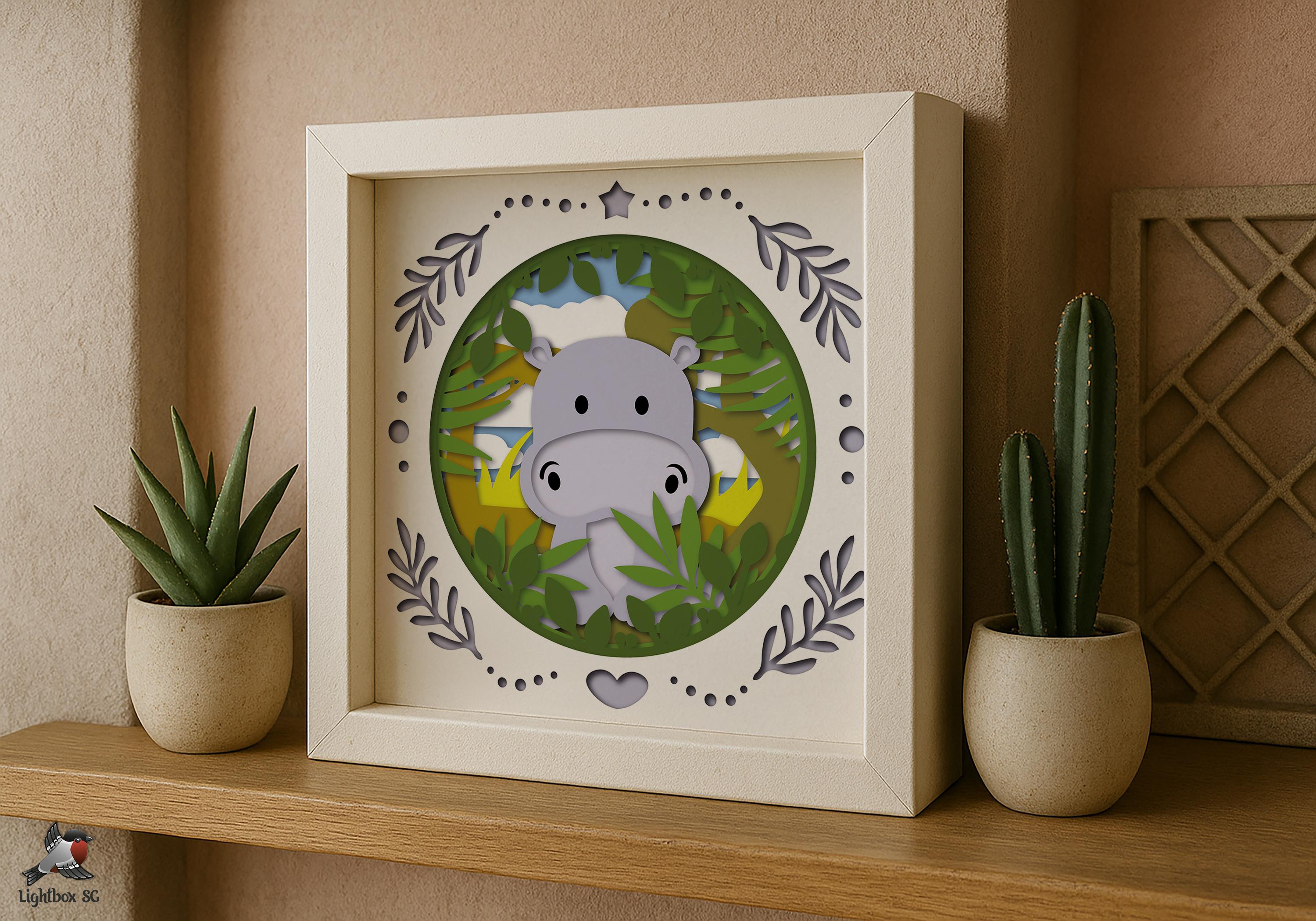 African Hippopotamus Shadow Box SVG Template, Colored Papercut Shadow ...