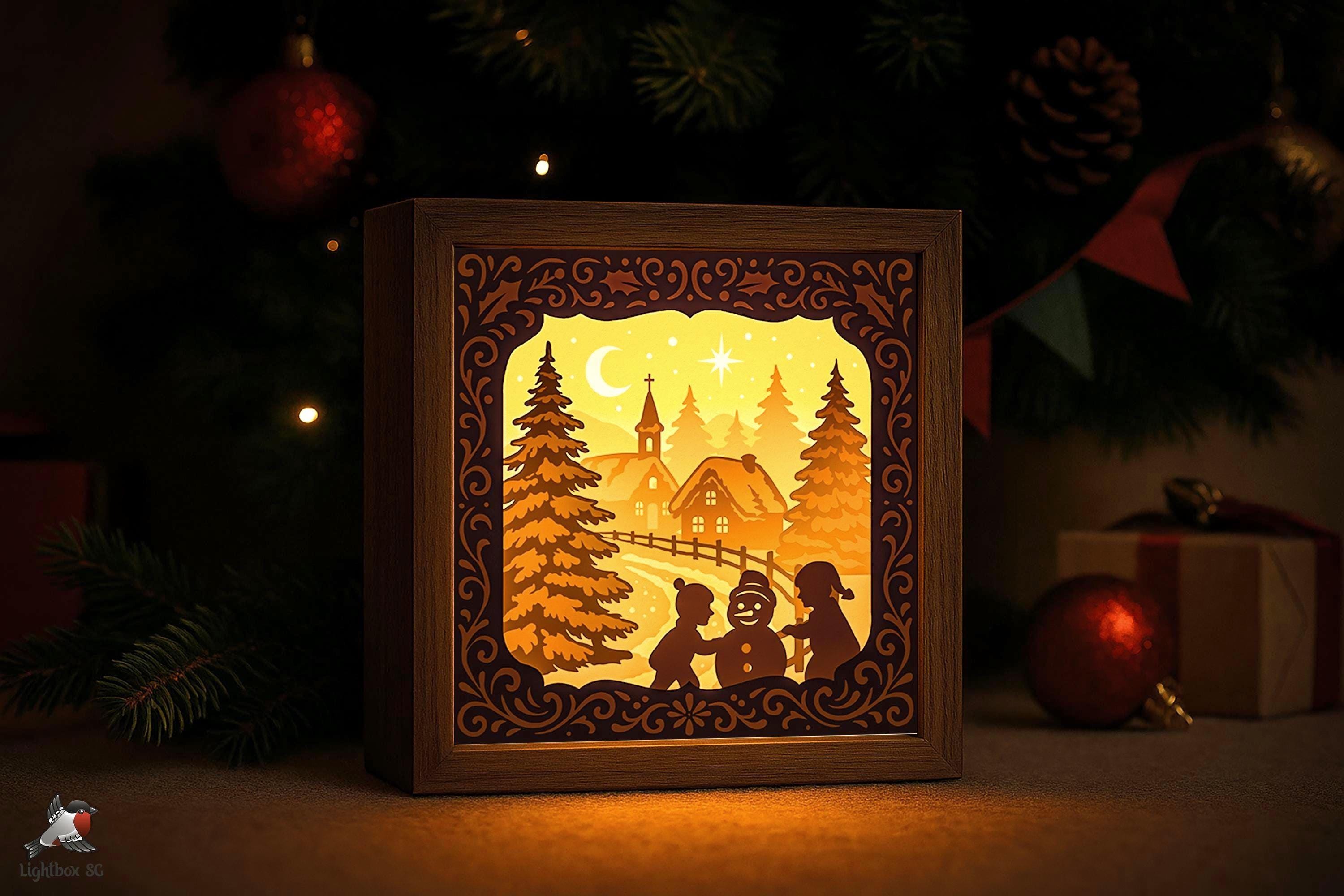 Merry Chistmas Shadow Box SVG Template, Winter Village Scene Papercut ...
