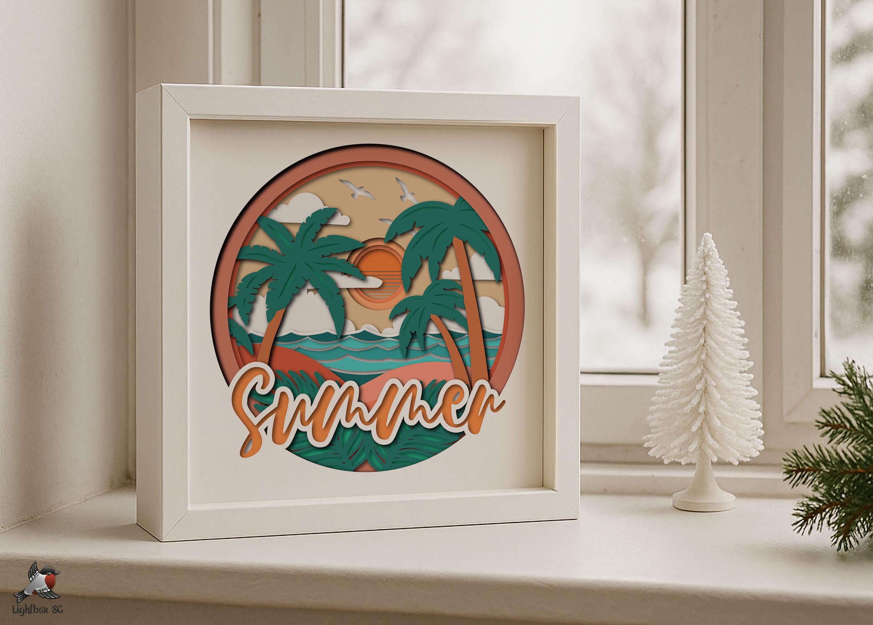 3D Summer Shadow Box SVG Template, Colored Sea Papercut Palm Trees ...