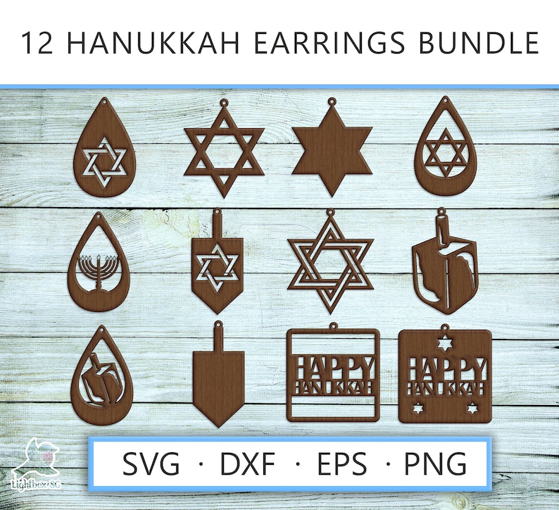 12 Happy Hanukkah Earrings SVG Bundle, Png DXF Eps Laser Cut, Earrings ...