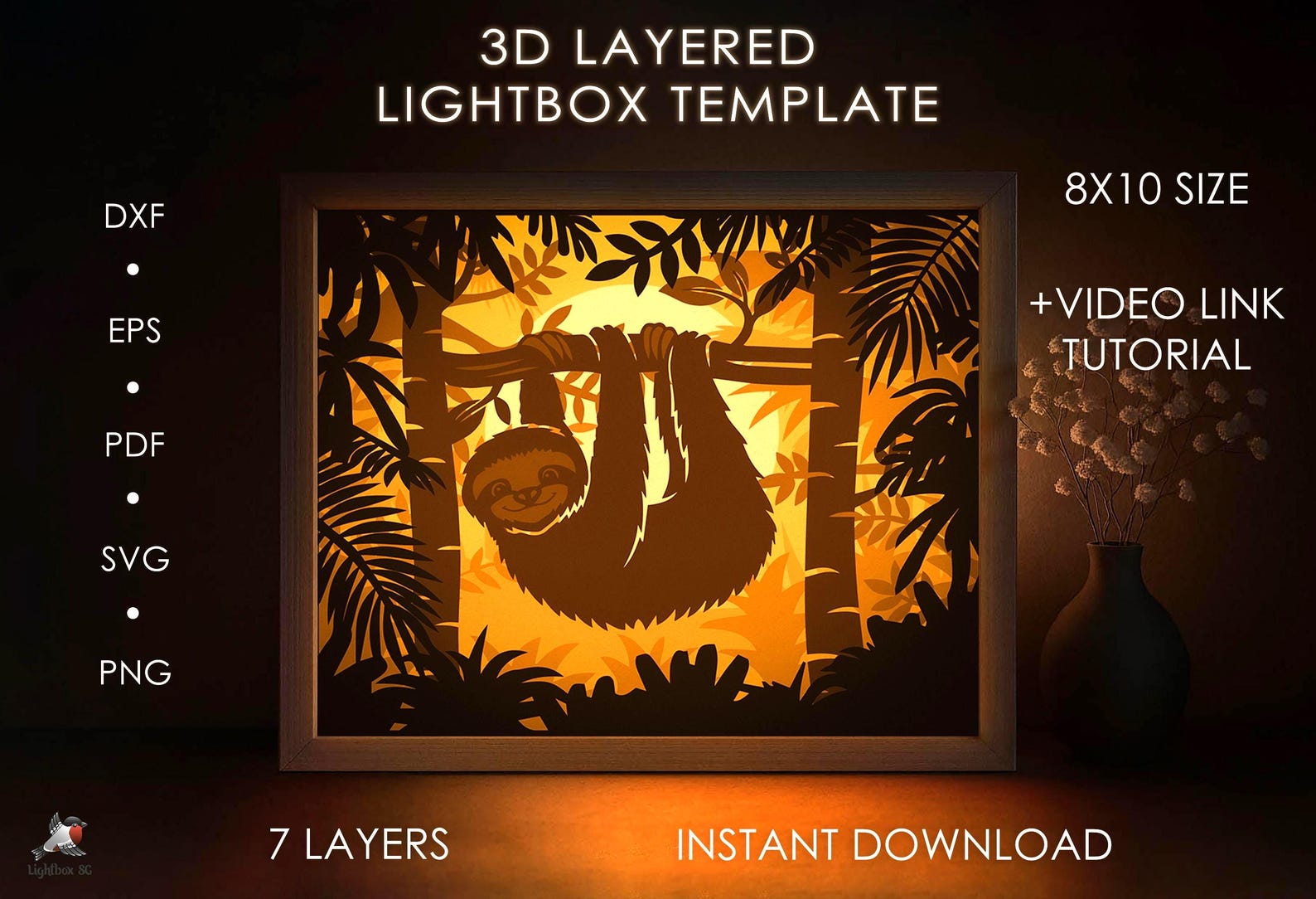 Sloth Shadow Box SVG Template, Tropical Animal Papercut Lightbox Cricut ...