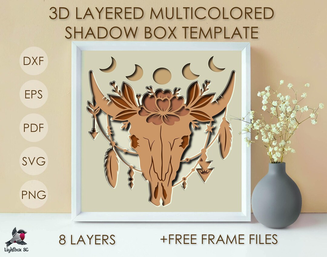 Cow Skull Shadow Box SVG Template, Colored Vitrage Pattern Papercut ...
