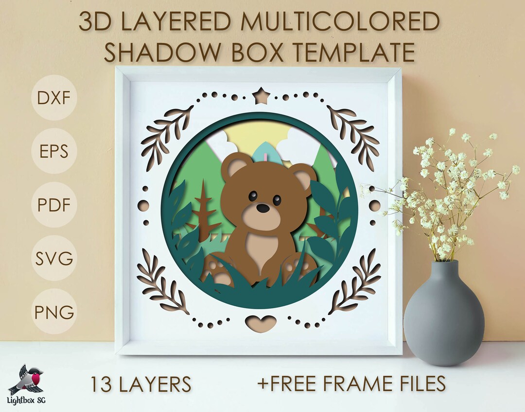 Forest Baby Bear Shadow Box SVG Template, Colored Papercut Tree Shadow ...